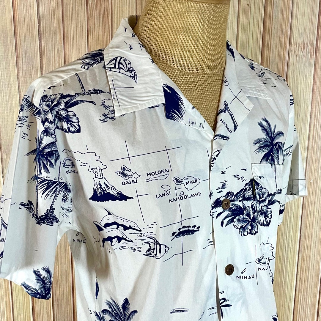 Hawaiian Shirt, White With Dark Blue Hawaiian Graphics, Size is Men’s ...