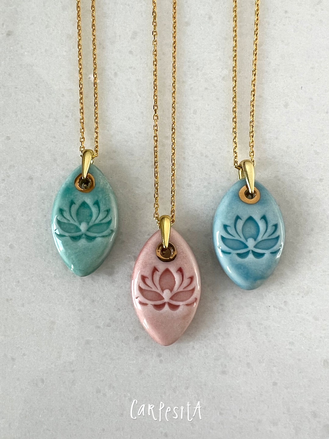 Lotus Flower Necklace, Porcelain Jewelry, Green Blue Pink Lotus ...