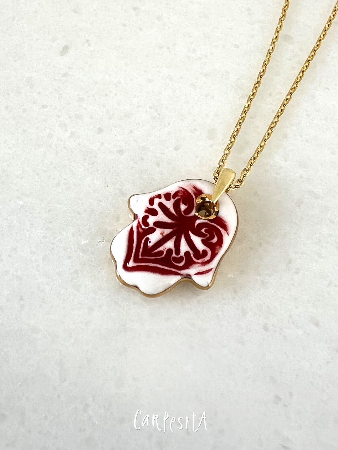 Red Hamsa Porcelain Necklace, Hand of Fatima Porcelain Jewelry, Good ...