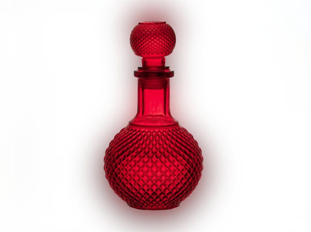 Red Glass Round Bottle, Decanter, Vintage Carafe, Bar Decor Active ...