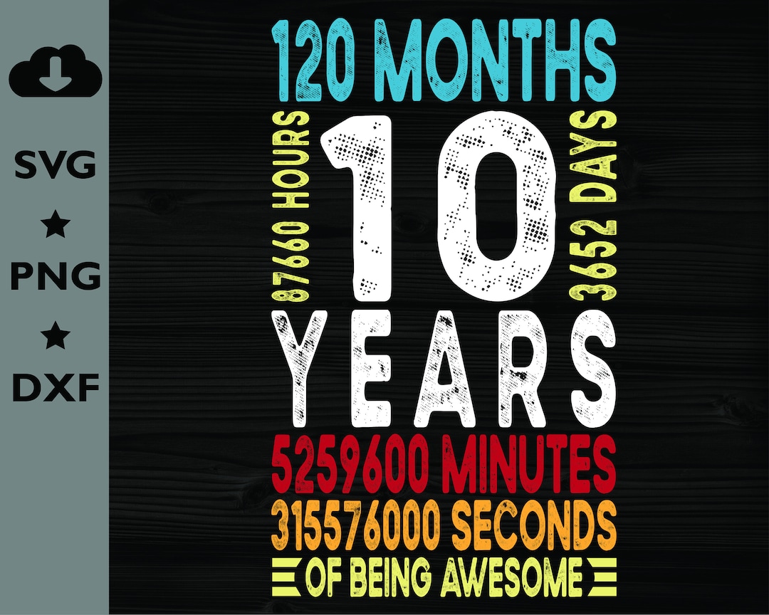 10 Years PNG, 120 Months of Being Awesome, 10th Birthday Gifts ...