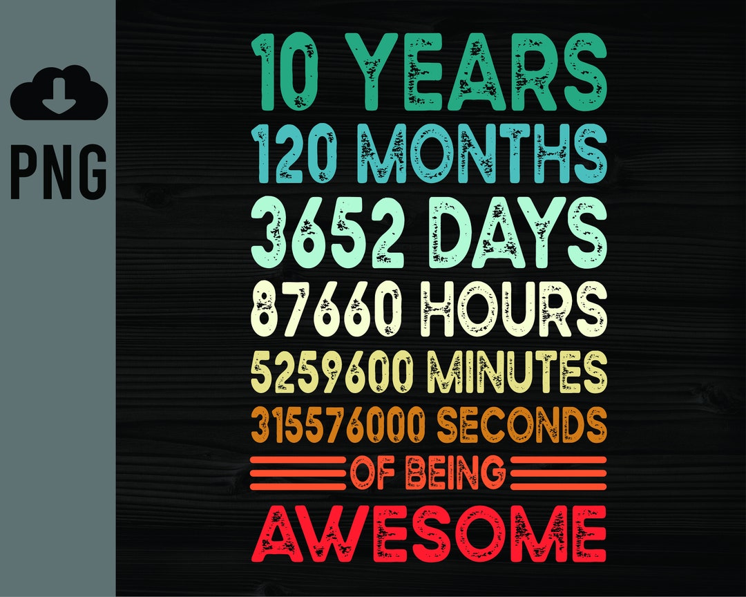 10 Years PNG, 120 Months of Being Awesome, 10th Birthday Gifts ...
