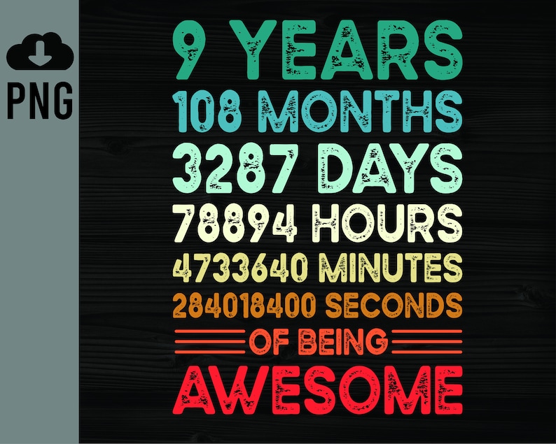 9 Years PNG, 108 Months of Being Awesome, 9th Birthday Gifts, Birthday ...