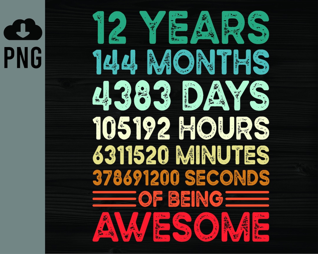 12 Years PNG, 144 Months of Being Awesome, 12th Birthday Gifts ...