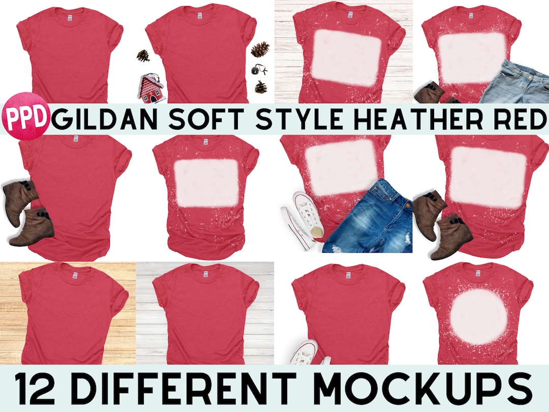 Heather Red Shirt Mockup Bundle, Gildan SS Bleached Mockup Bundle, Red ...