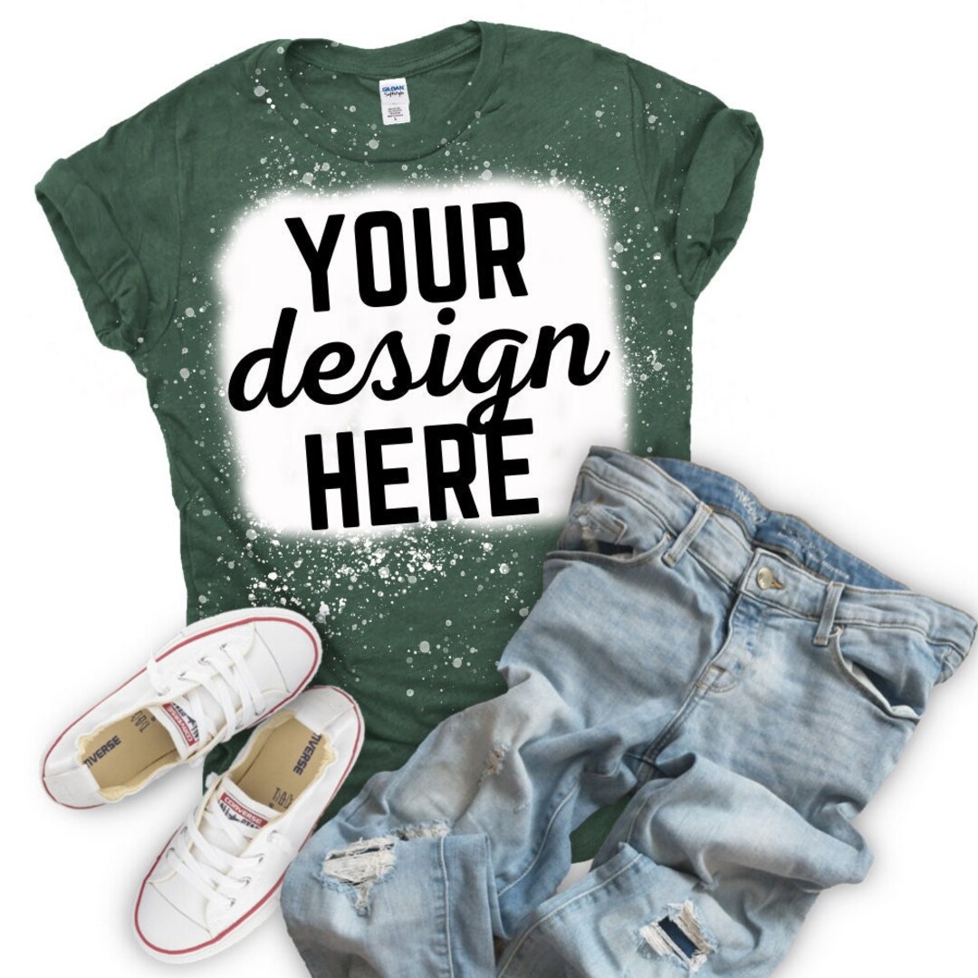 Bleached Shirt Mockup Gildan Softstyle Heather Forest Bleached Flatlay