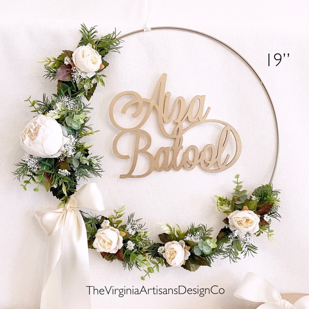 19" Nursery Wreath With Name - Custom Name Sign - Baby Shower Wreath ...