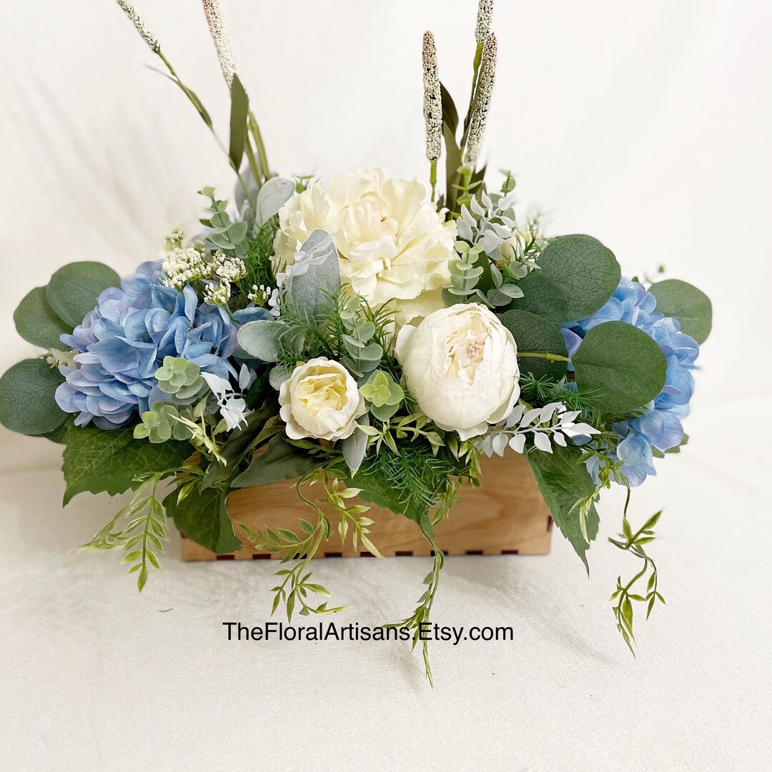Blue Hydrangeas Floral Arrangement Blue and Cream Floral Arrangement ...