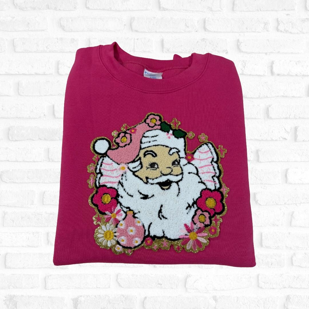 Santa Chenille Patch Pink Christmas Sweatshirt - Etsy