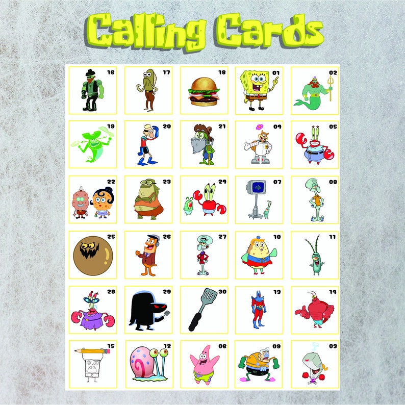 Spongebob Printable Bingo Game Fun Digital Bingo Game - Etsy