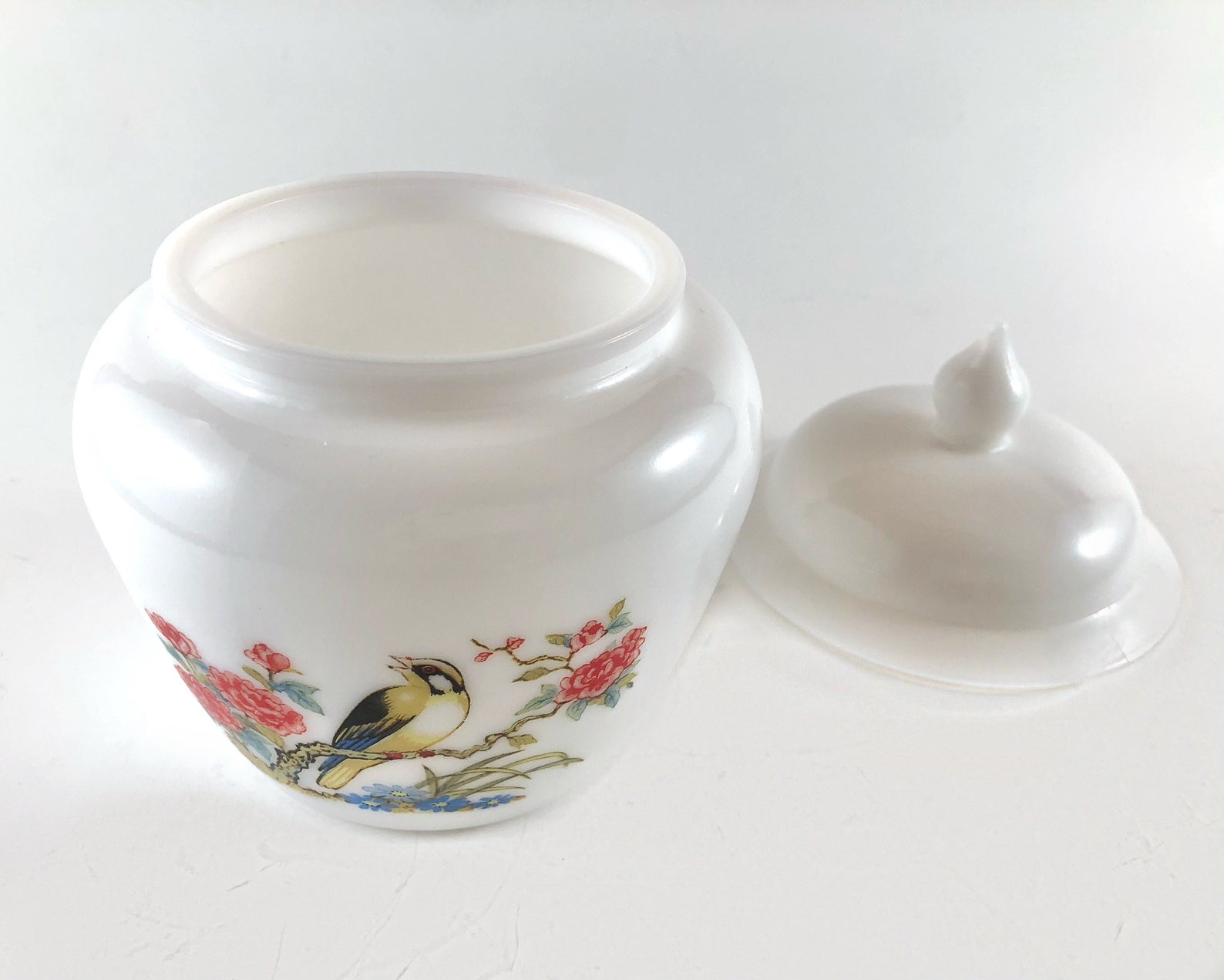 Vintage Avon Dynasty Milk Glass Ginger Jar Candle Holder With Bird and ...