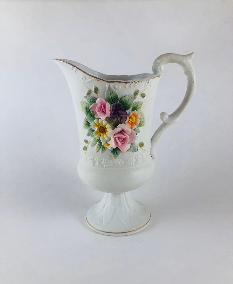 Vintage Lefton Small Pitcher With Raised Flowers, KW4496 - Raised ...