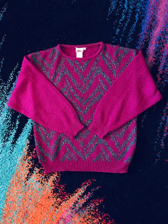 80s Alia Dark Magenta Silver Chevron Sweater | Etsy