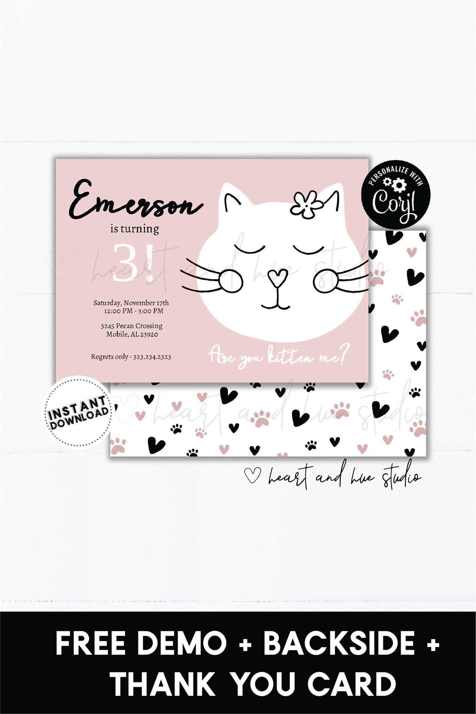 Digital Download Cat Birthday Invitation Template Instant - Etsy