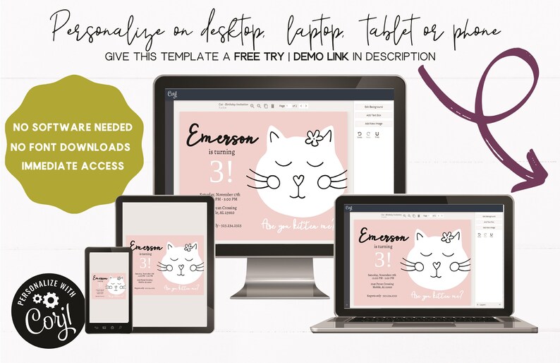 Digital Download Cat Birthday Invitation Template Instant - Etsy