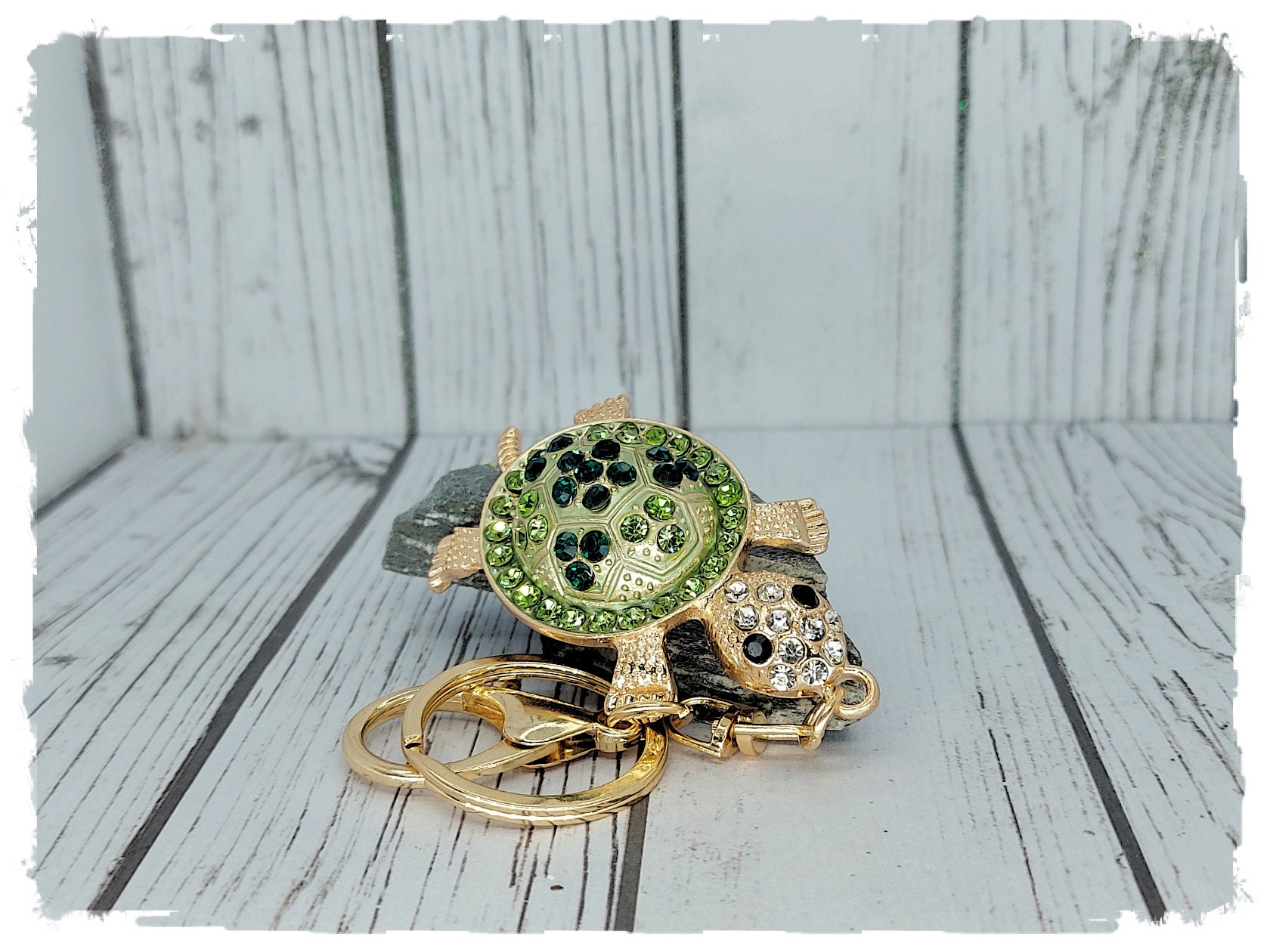 Green Turtle Jewel Encrusted Gold Color Keychain on a Display - Etsy