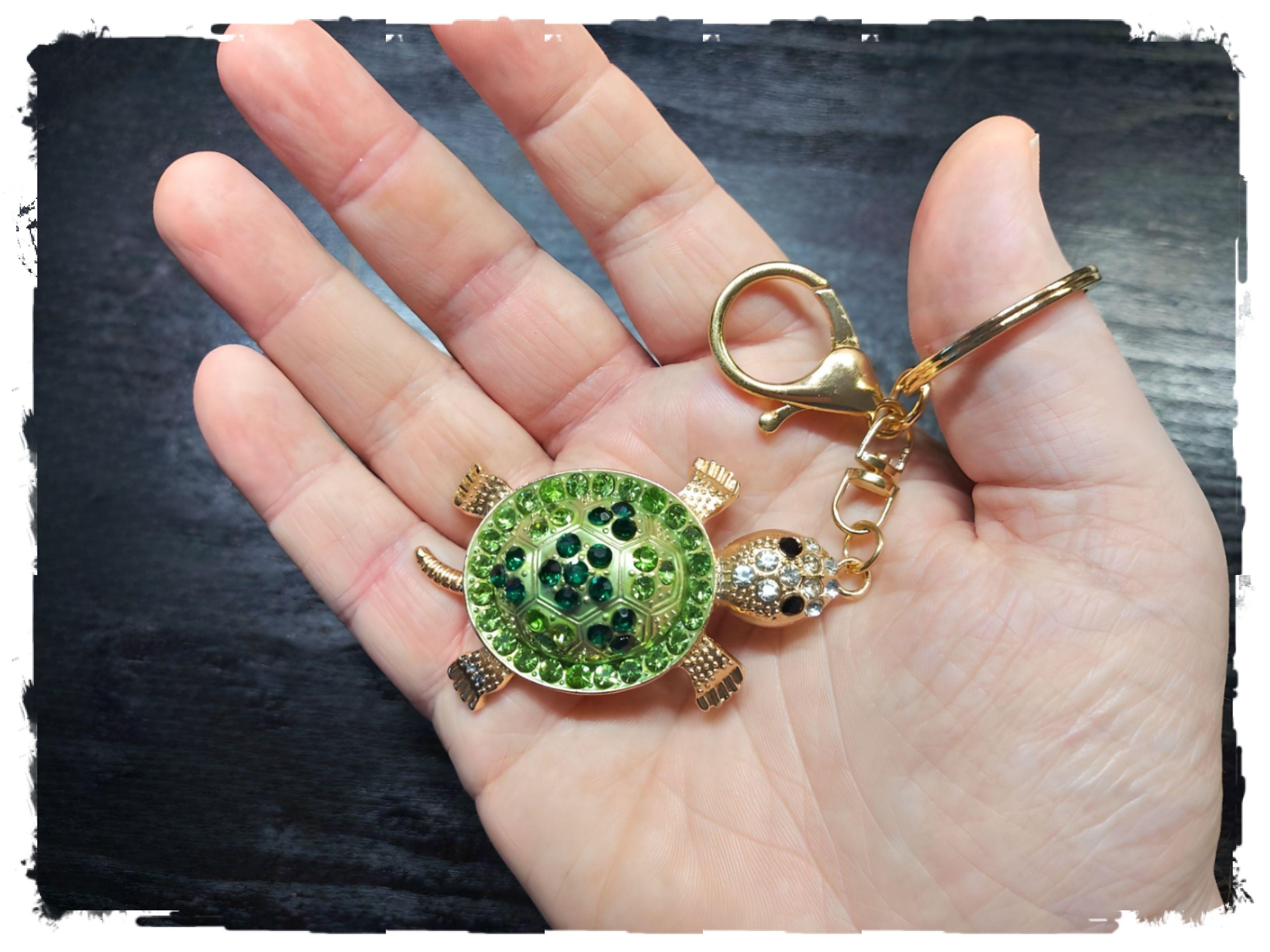 Green Turtle Jewel Encrusted Gold Color Keychain on a Display - Etsy