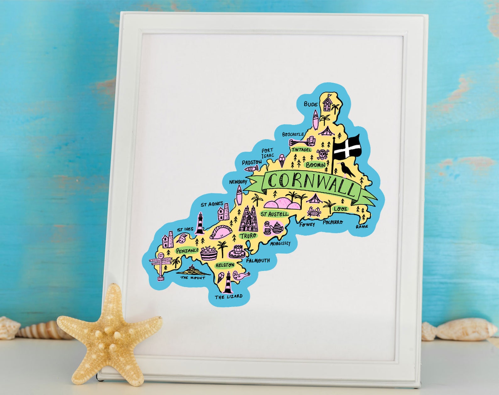 Cornwall Map Art Print Map of Cornwall Illustrated Art Print - Etsy