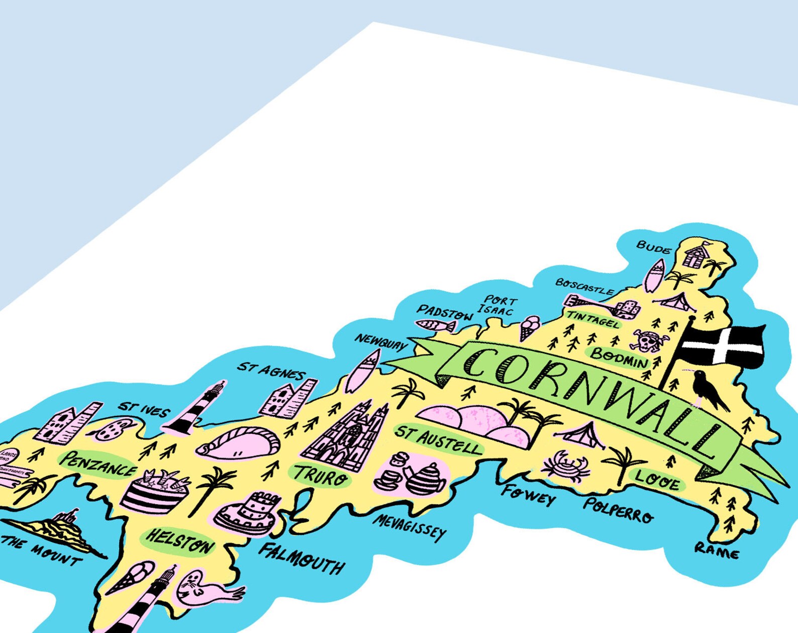 Cornwall Map Art Print, Map of Cornwall Illustrated Wall Art Print ...