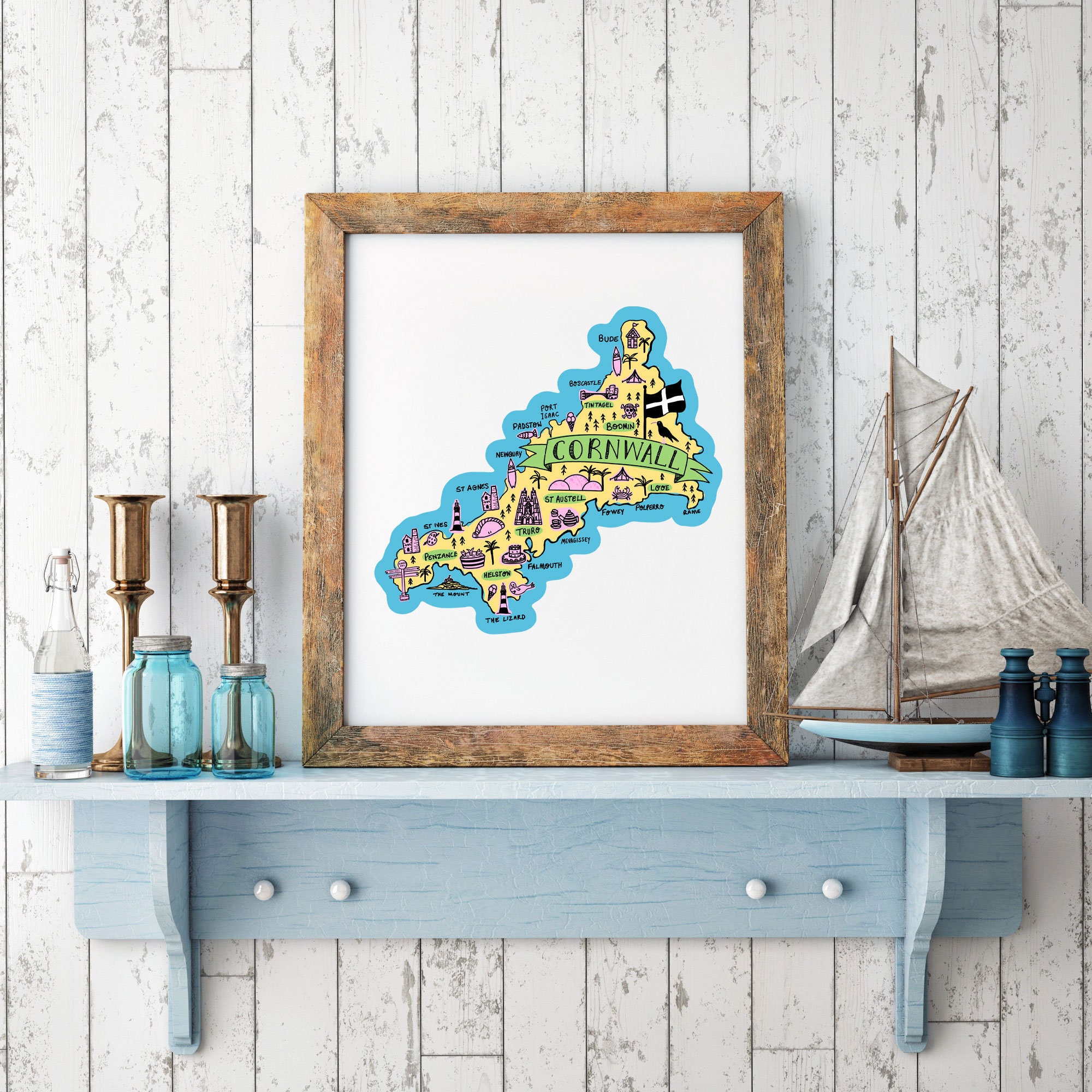 Cornwall Map Art Print, Map of Cornwall Illustrated Wall Art Print ...
