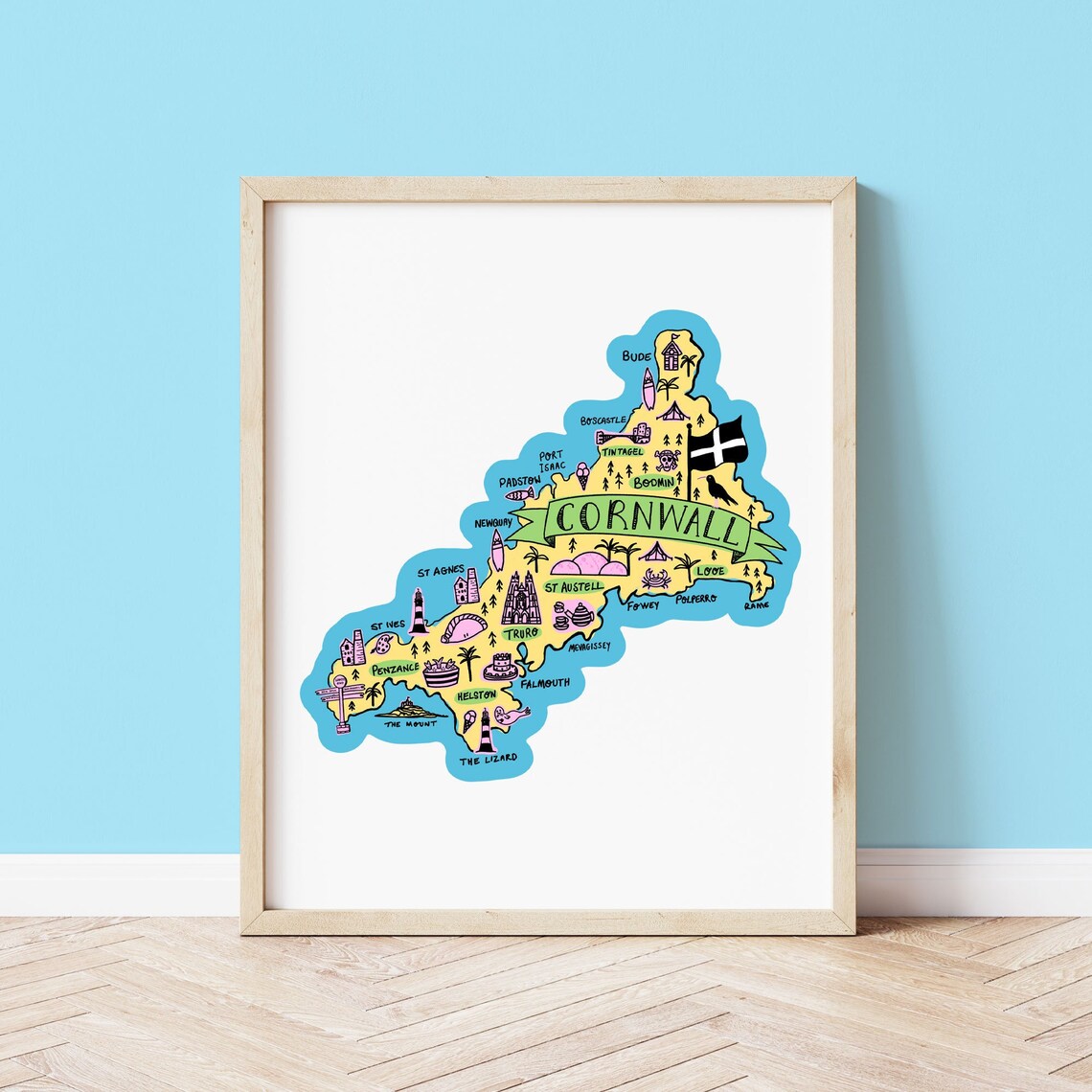 Cornwall Map Art Print, Map of Cornwall Illustrated Wall Art Print ...