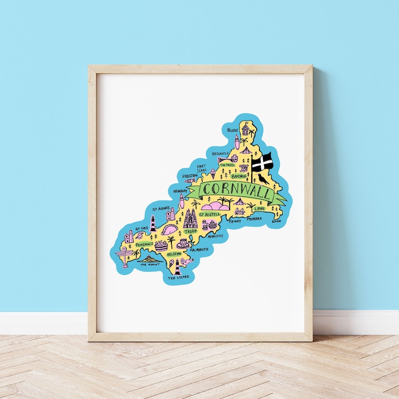 Cornwall Map Art Print, Map of Cornwall Illustrated Wall Art Print ...
