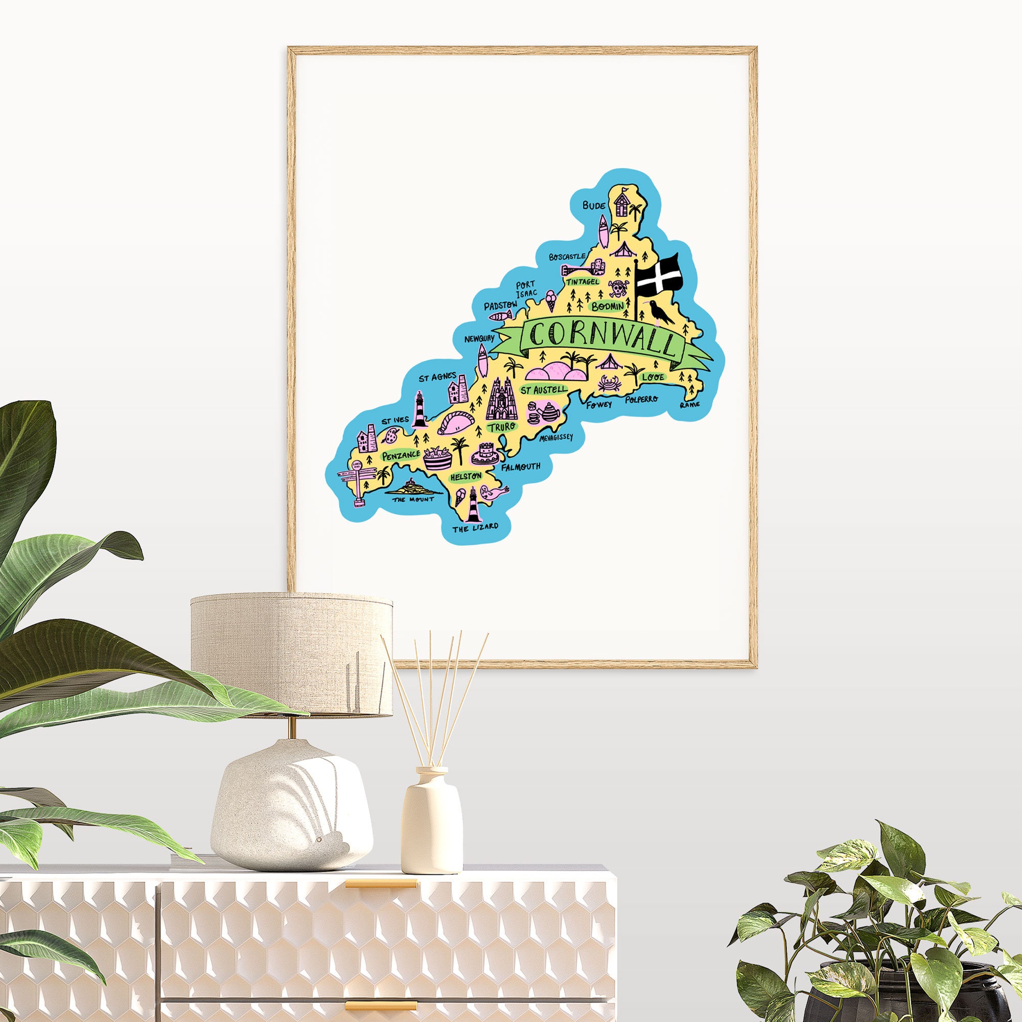 Cornwall Map Art Print, Map of Cornwall Illustrated Wall Art Print ...