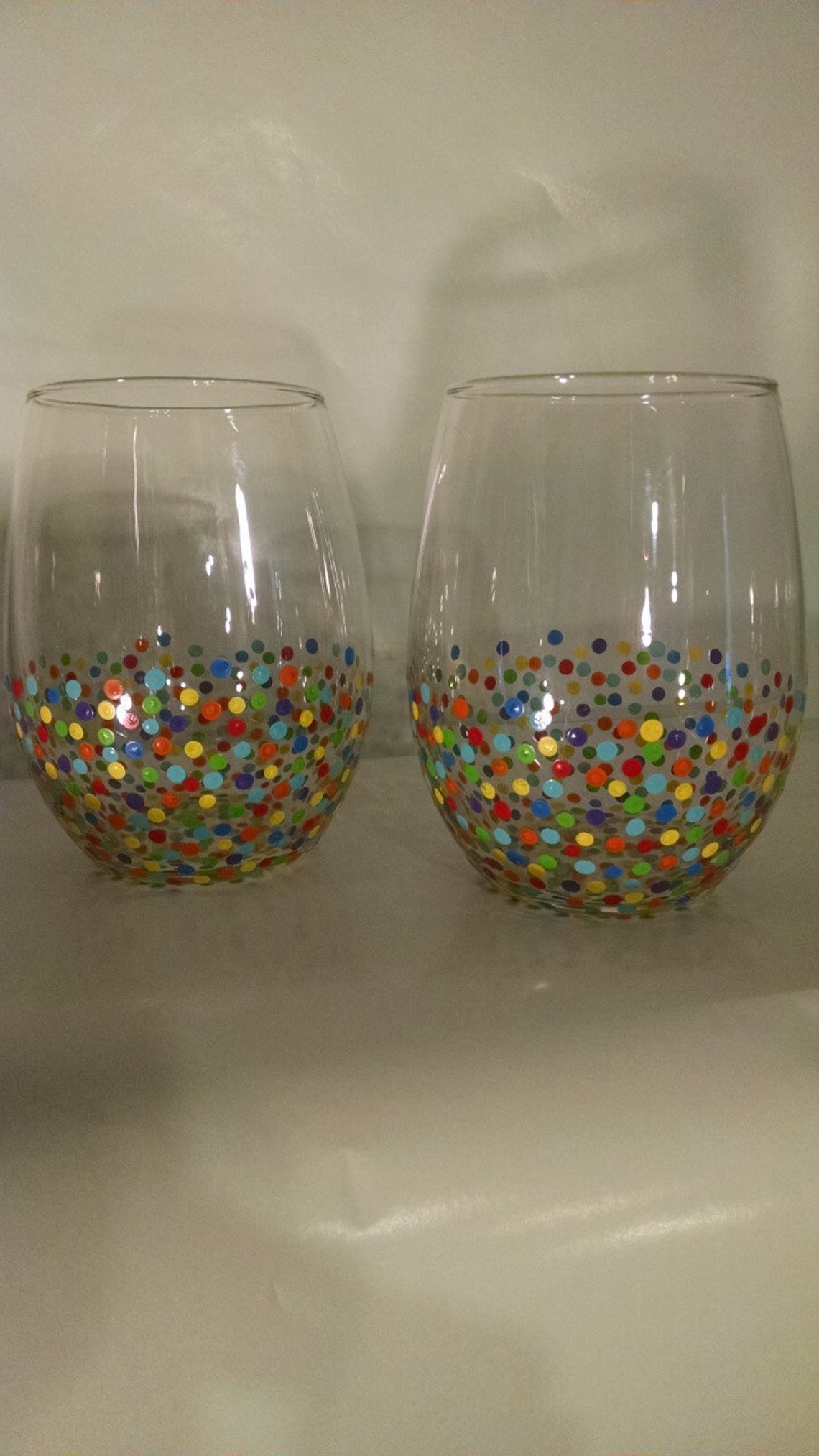 These hand painted rainbow confetti stemless wine glasses are | Etsy