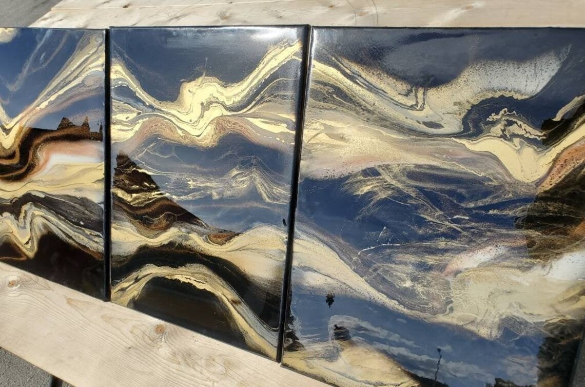 Black Modern Art / 3 Piece / Black Resin Art / Geode Art / - Etsy