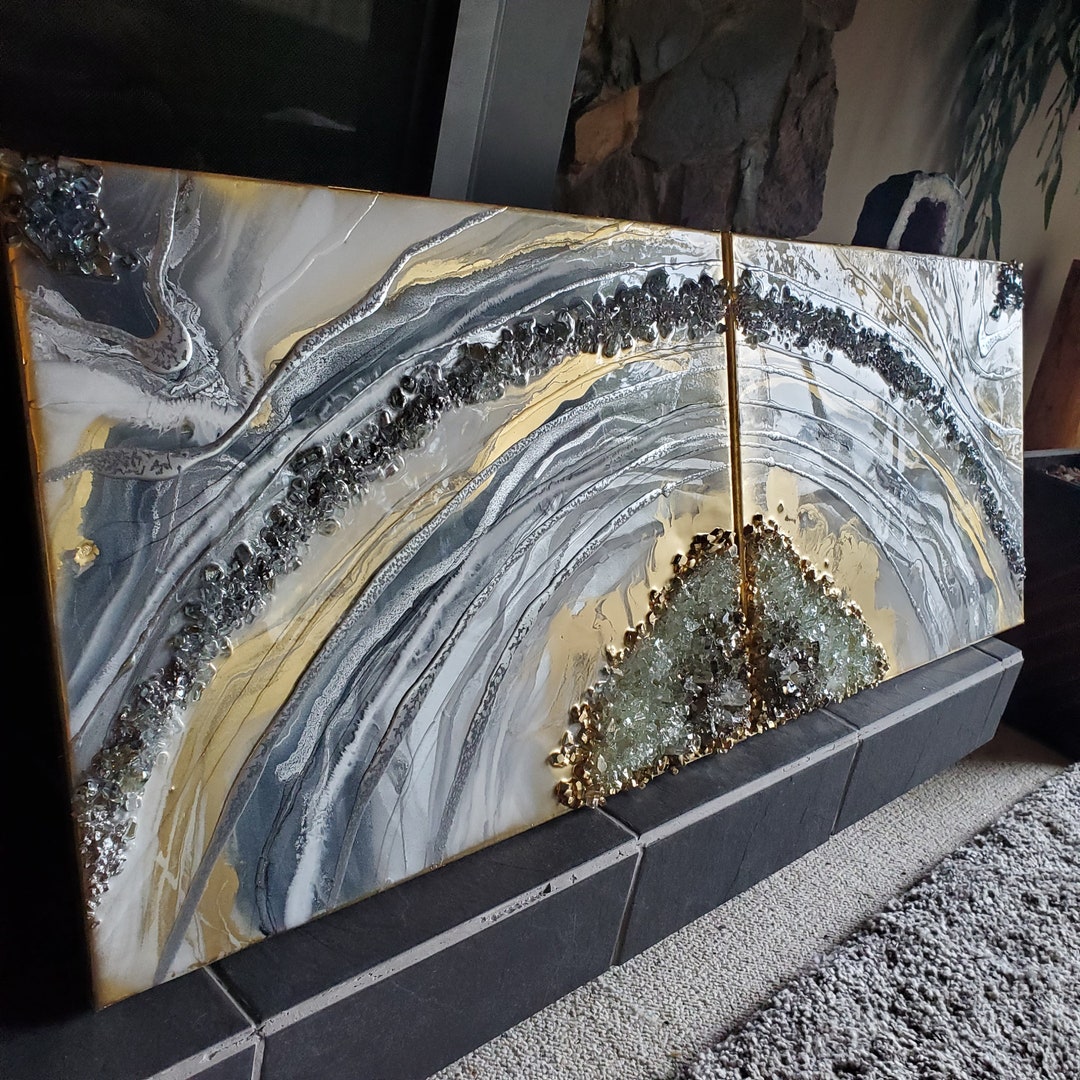 Silver Gold Resin Geode Art, Geode Wall Art, 3D Geode Painting ...