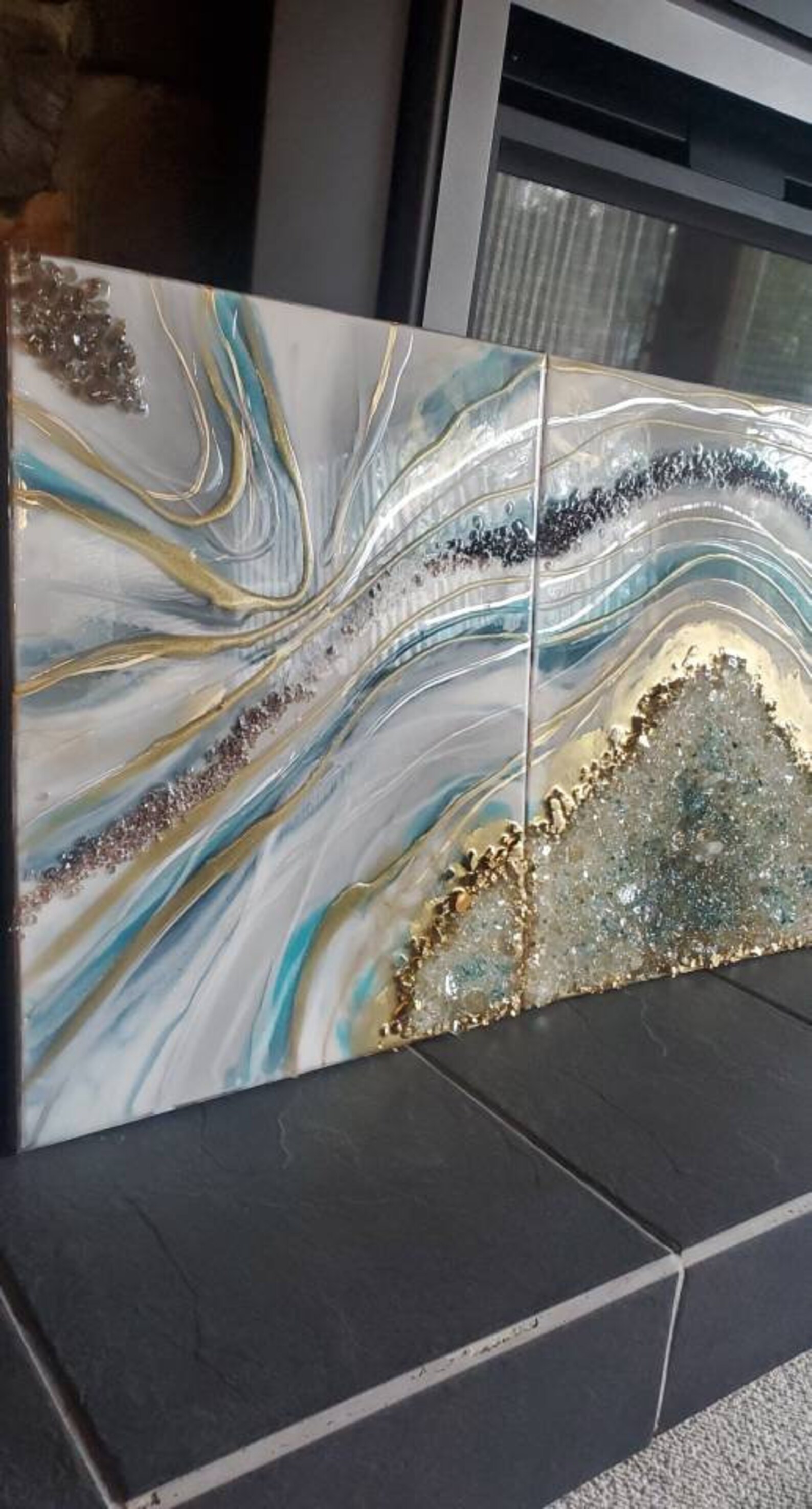 3 Piece Silver Teal Geode Gold / Resin Geode / Geode Painting | Etsy