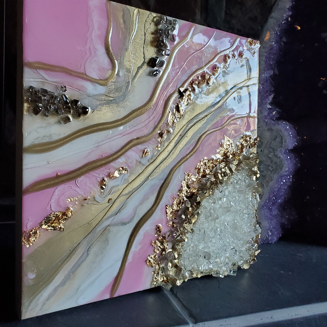 Pink Resin Artwork/ Epoxy Art / Resin Geode / Quartz / Resin / Silver ...