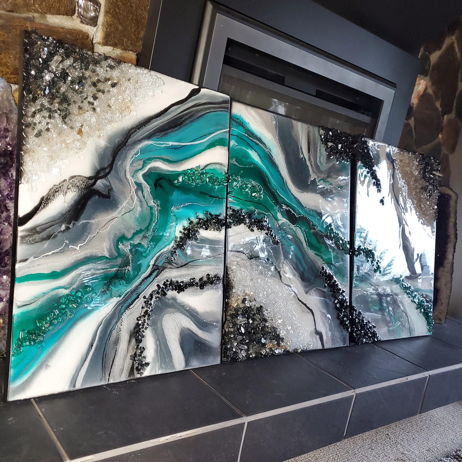 24x54 Shown in Sample / Geode Artwork / Resin Artwork / Emerald Green Wall Art / Epoxy Art ...