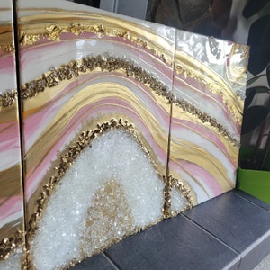 Blush Pink & Gold Geode Resin Wall Art: Modern Abstract Canvas (24x54 ...