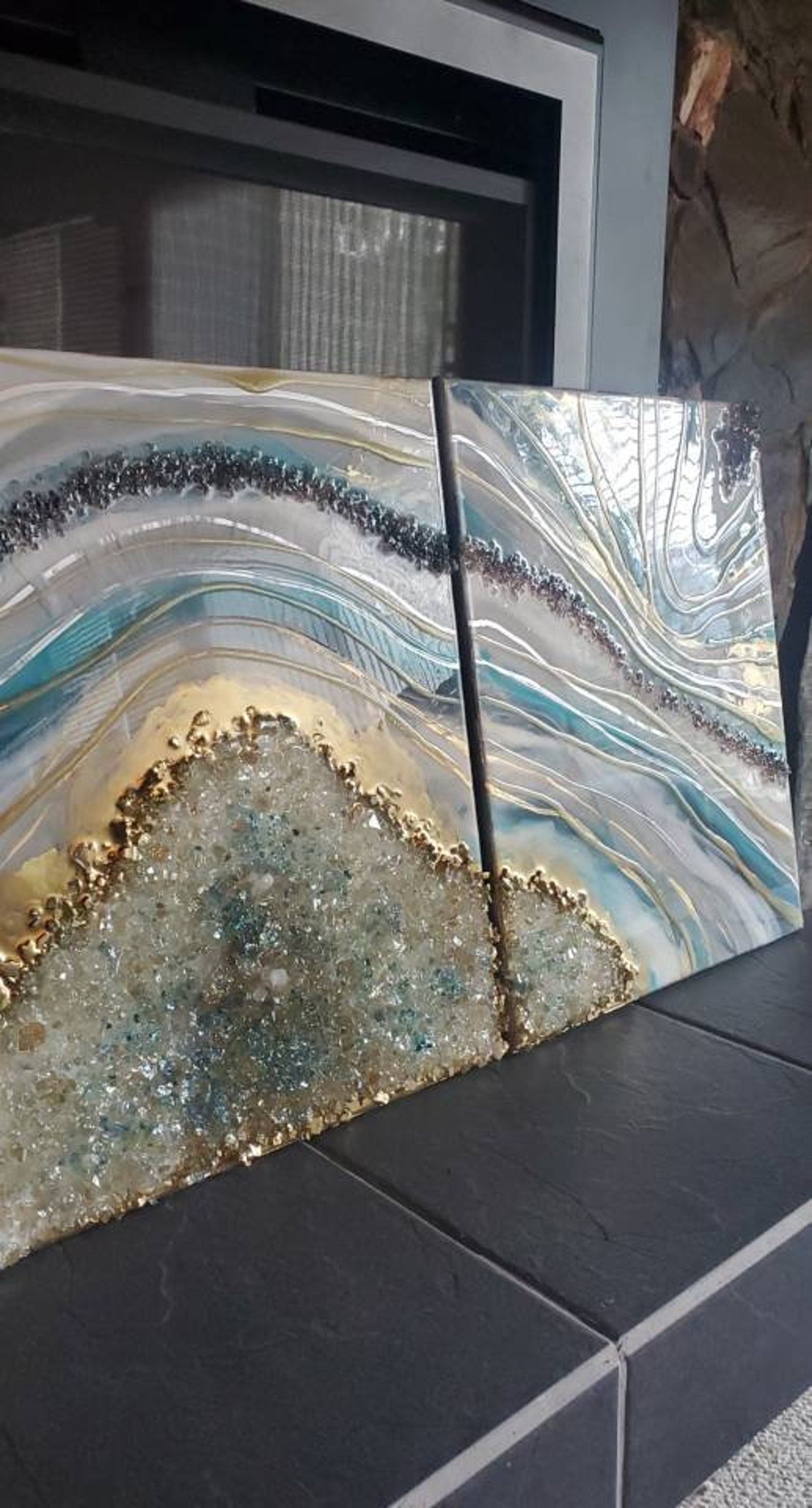 3 Piece Silver Teal Geode Gold / Resin Geode / Geode Painting | Etsy