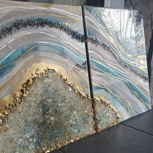 3 Piece Silver Teal Geode Gold / Resin Geode / Geode Painting / Geode ...