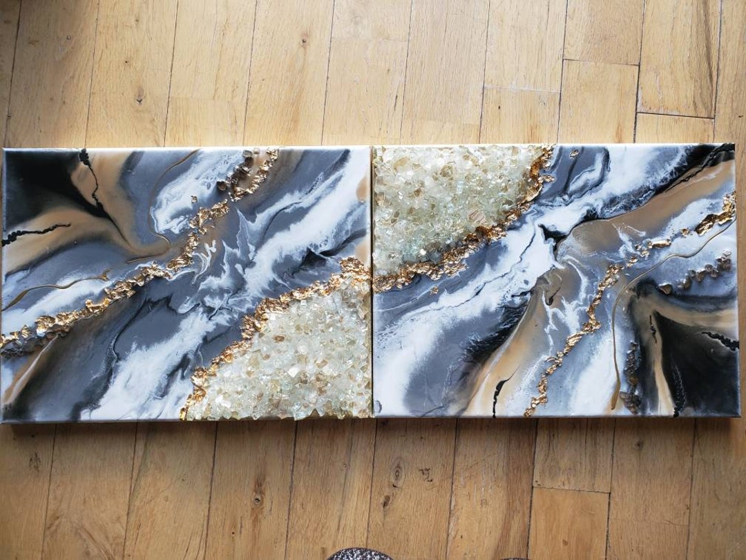 Natural Crystal Geode Painting: Resin Art, Grey White Gold Decor (two ...