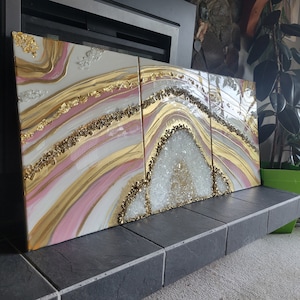 Blush Pink & Gold Geode Resin Wall Art: Modern Abstract Canvas (24x54 ...