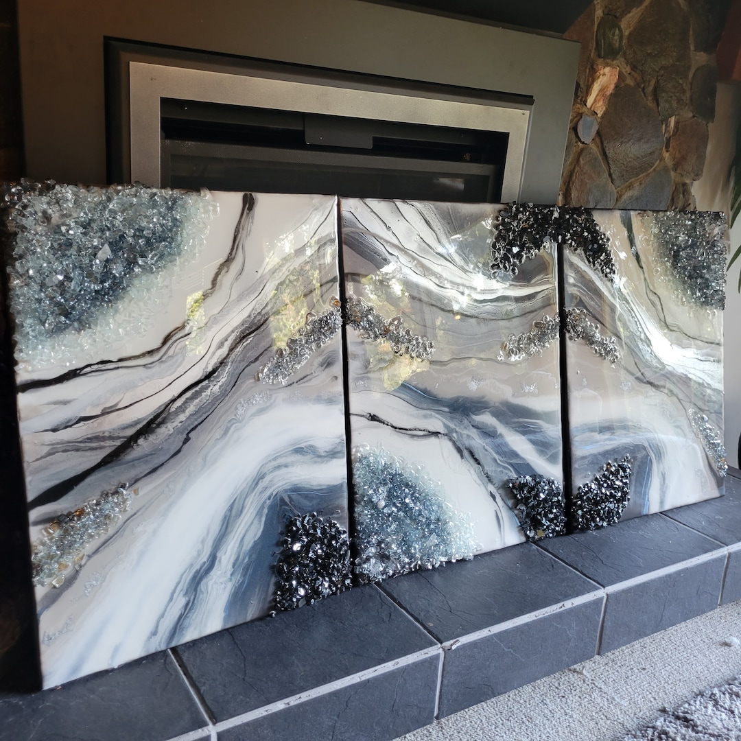 Three Piece Silver Epoxy Resin Geode Wall Art / Grey Wall Art/ Grey ...