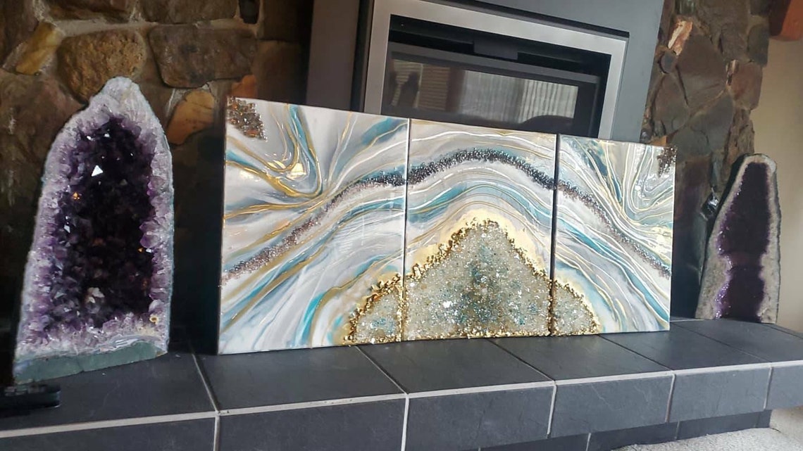 3 Piece Silver Teal Geode Gold / Resin Geode / Geode Painting | Etsy