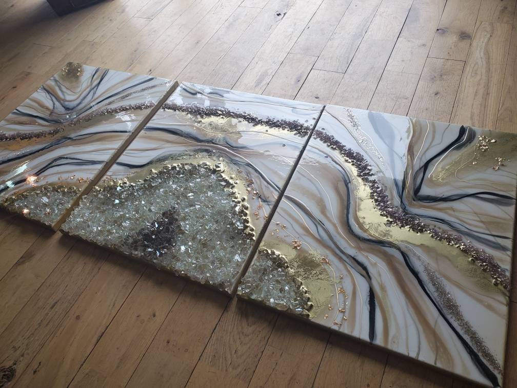 Gold white 3 piece geode painting gold geode wall art | Etsy
