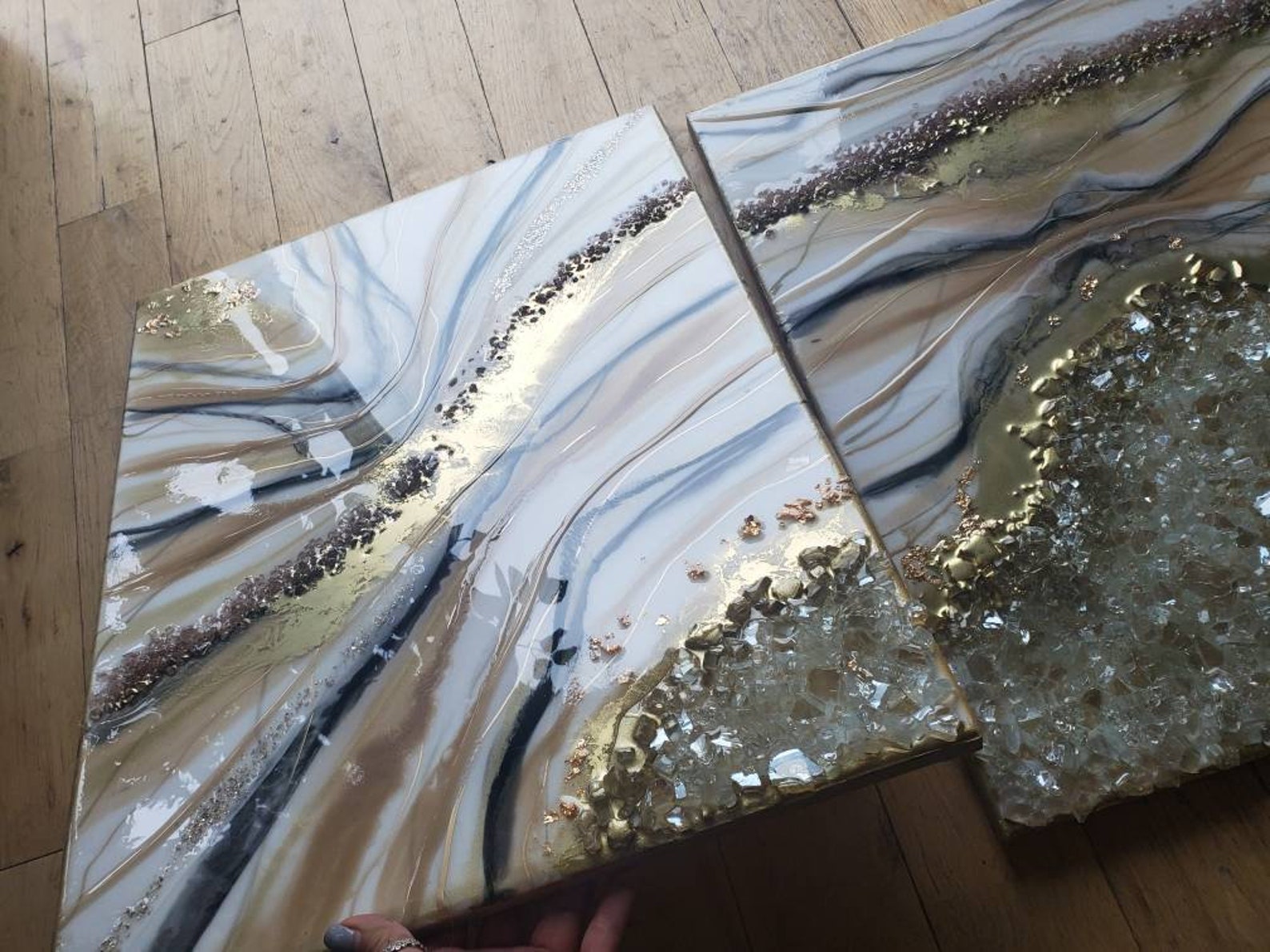 Gold white 3 piece geode painting gold geode wall art | Etsy