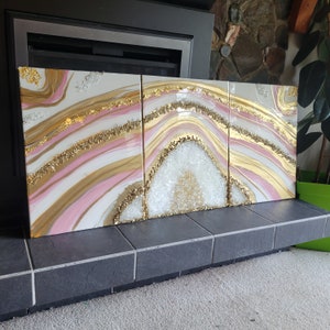 Blush Pink & Gold Geode Resin Wall Art: Modern Abstract Canvas (24x54 ...