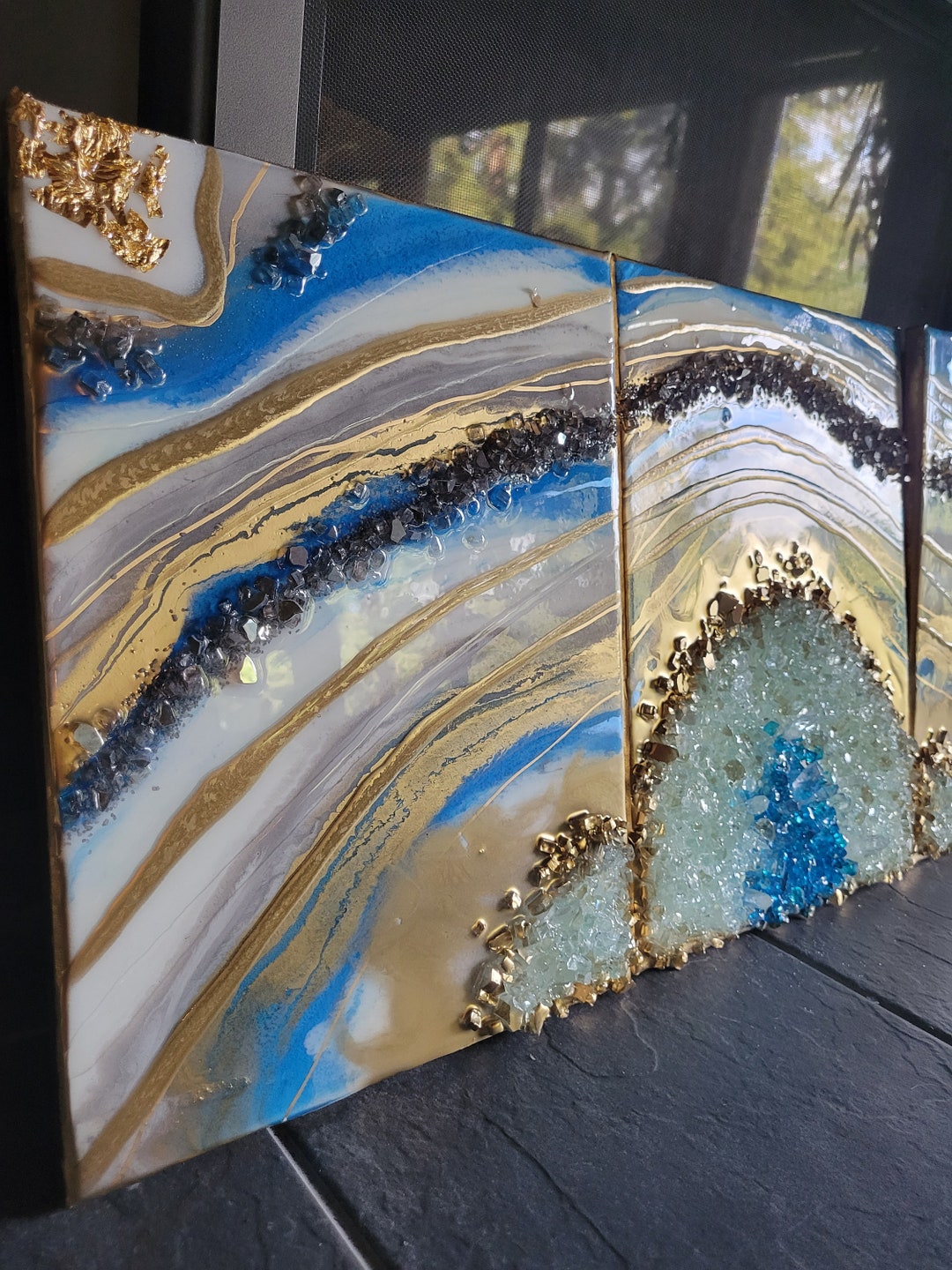 Blue Resin Geode Wall Art: Gold & Crystal Decor (16x36) - Etsy