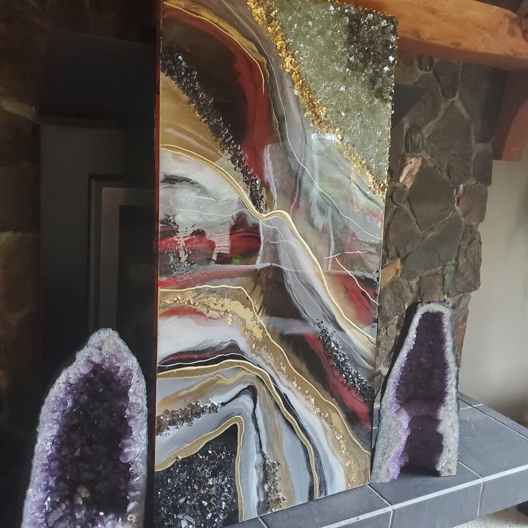 Red Geode Resin Artwork: Silver, Black & Gold Epoxy Art - Etsy