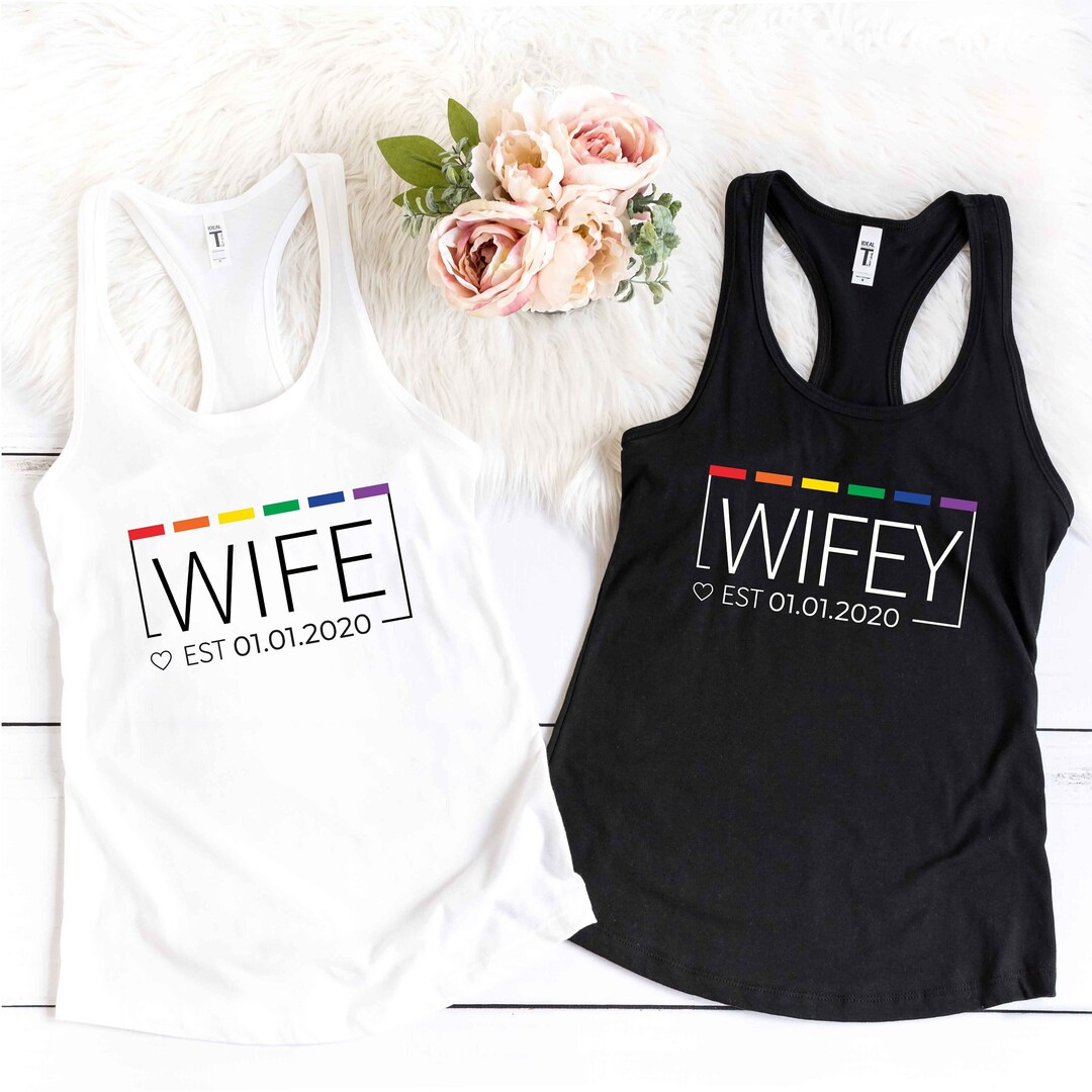 LGBTQ Wife & Wifey Custom Queer Wedding Tank Top, Lesbian Bachelorette Party Two Bride Top, Gay ...