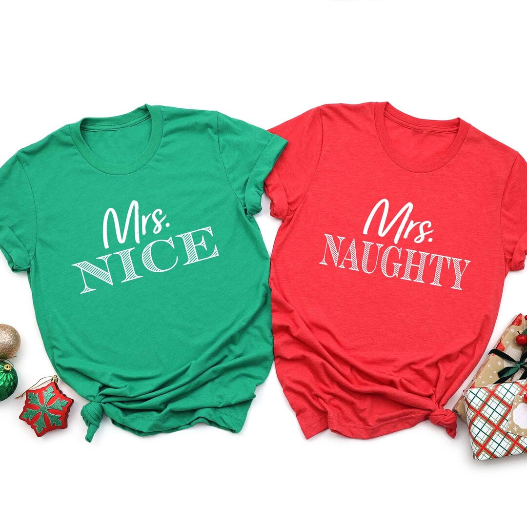 Mrs Naughty & Mrs Nice Funny Lesbian Couple Christmas Matching Shirt ...