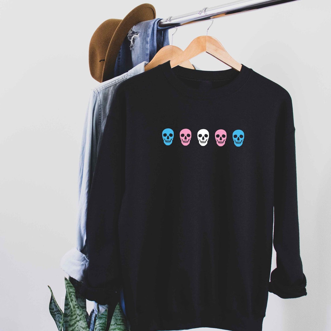 Transgender Flag Skull Halloween Sweatshirt, Subtle Trans Pride Minimal ...