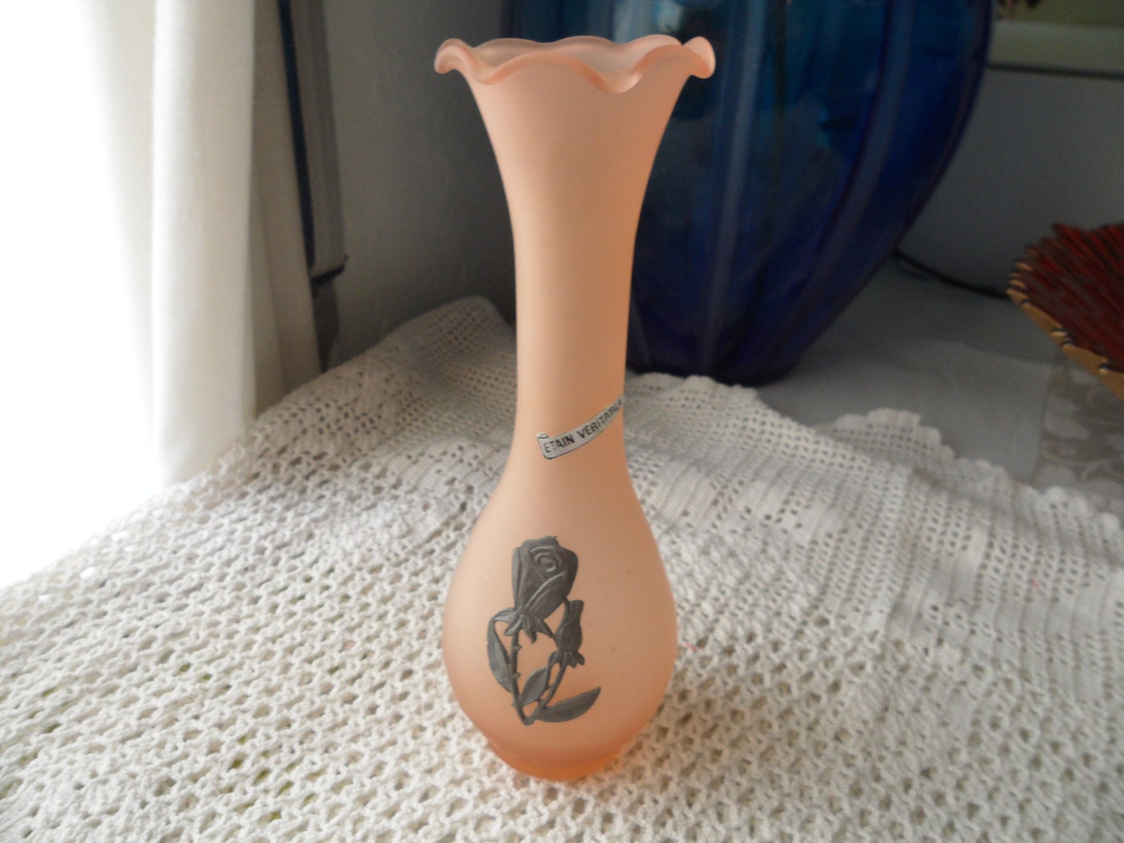 Peach Glass Vase With Pewter Rose Decoration France - Etsy