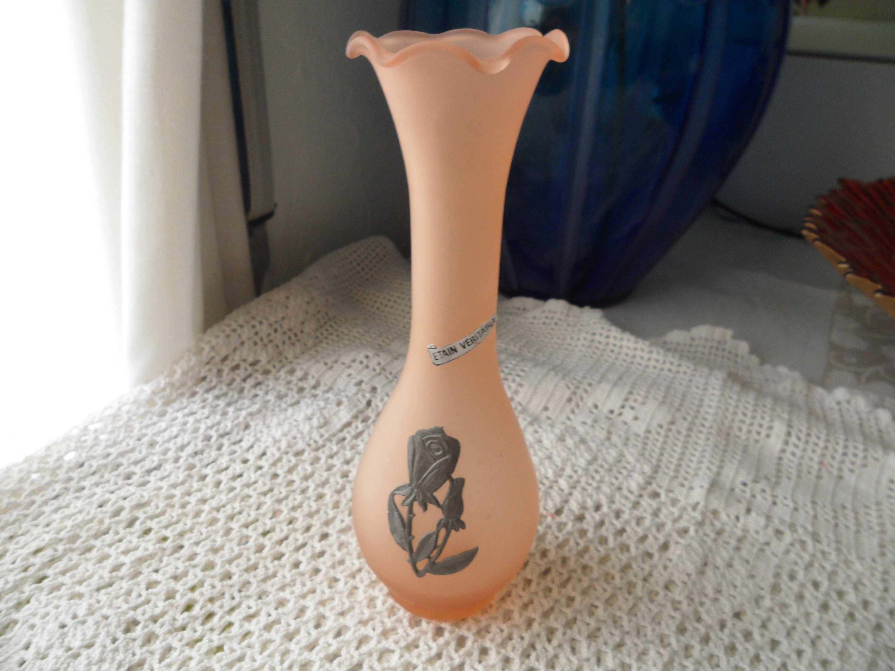 Peach Glass Vase With Pewter Rose Decoration France - Etsy